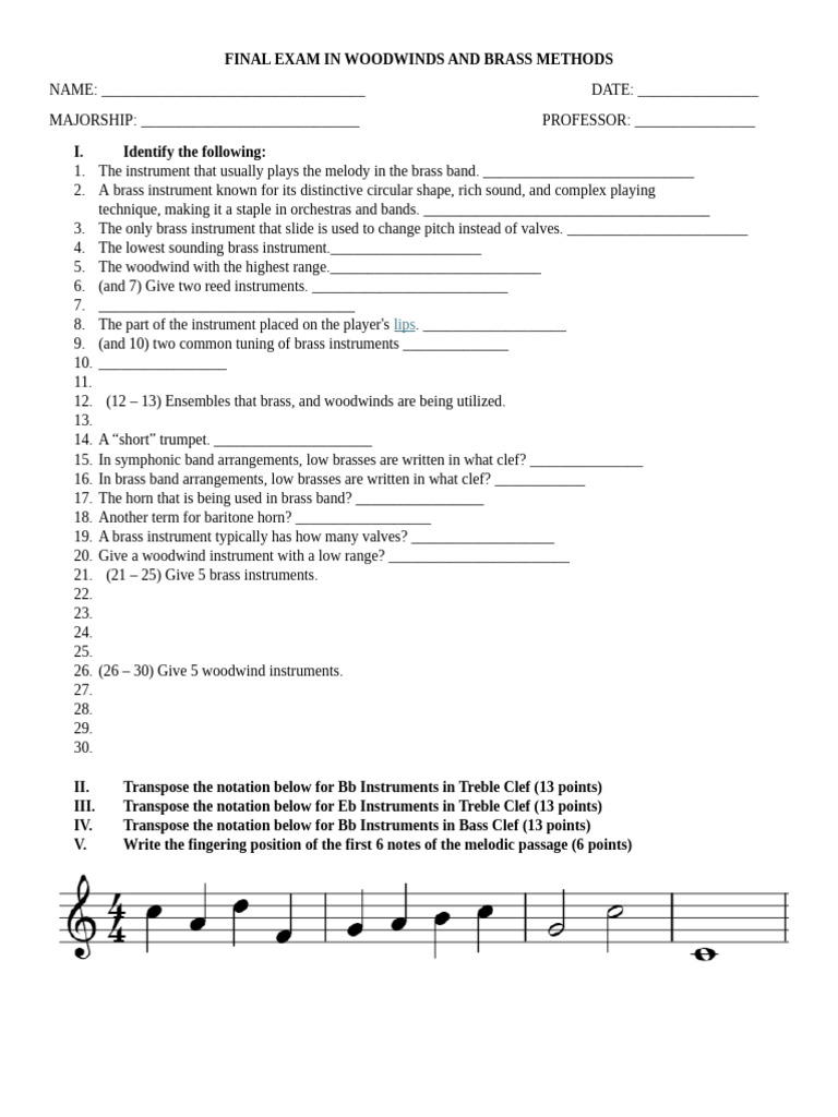 Final Exam in Woodwinds and Brass Methods | PDF