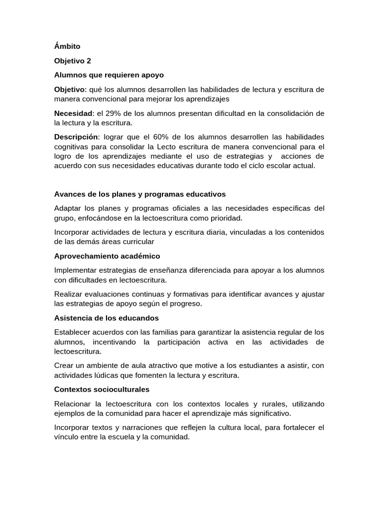 Objetivo 2 de Lecto Escritura. | PDF | Enseñando | Aprendizaje