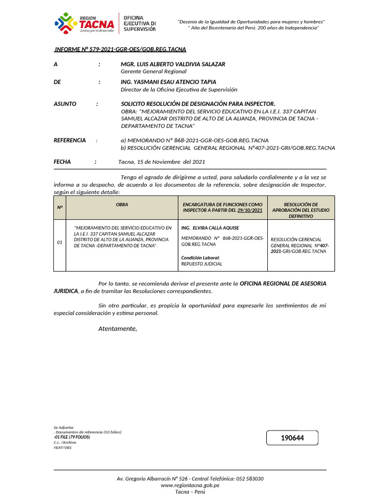 579- Solicito Resolucion de Designacion Para Nuevo Inspector Obra ...