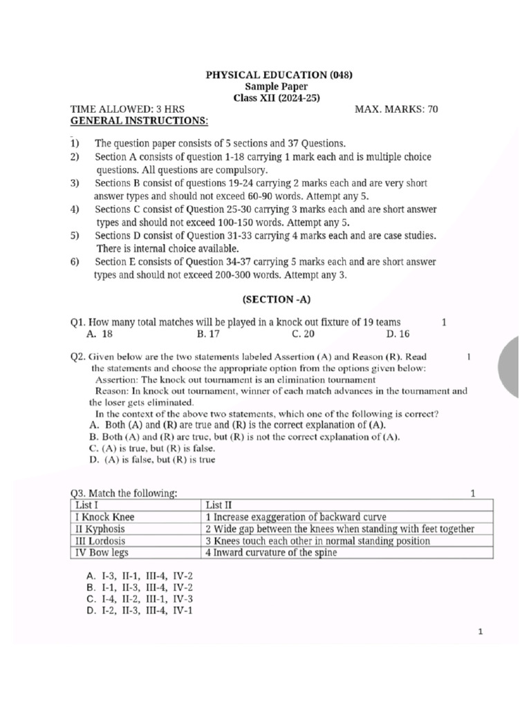 Sample Paper Physical Education | PDF