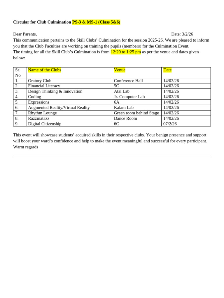 Club Culmination for Grade 5 and 6 | PDF