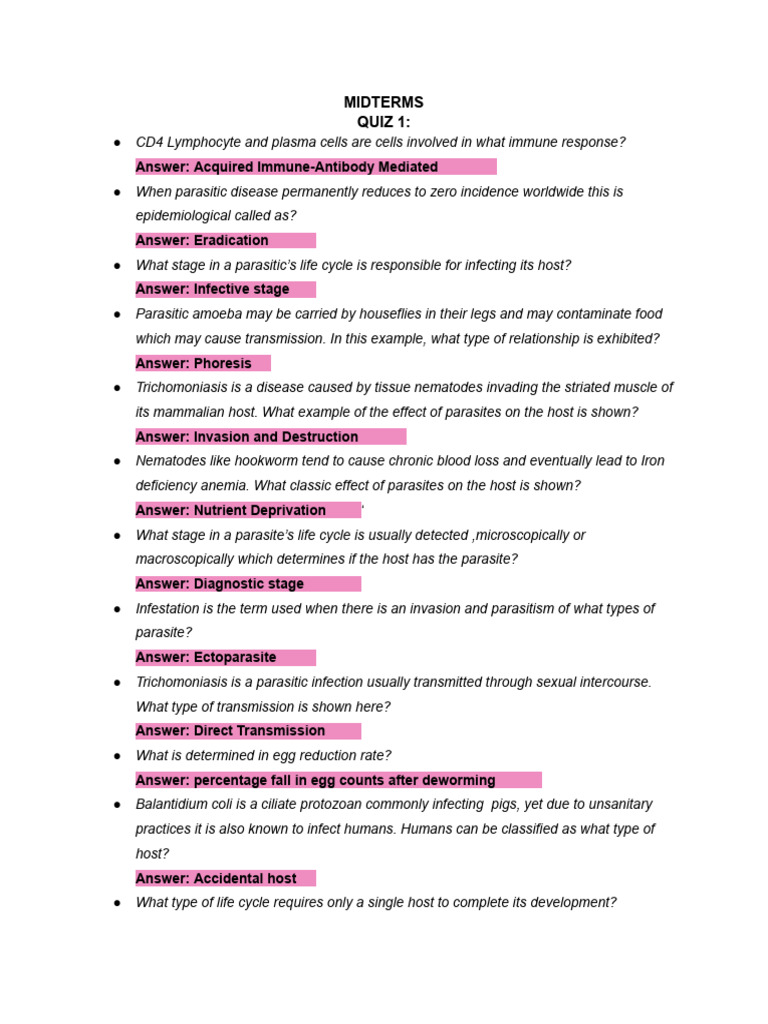 Parasitology Lecture Quizzes Answers | PDF | Parasitism | Nematode