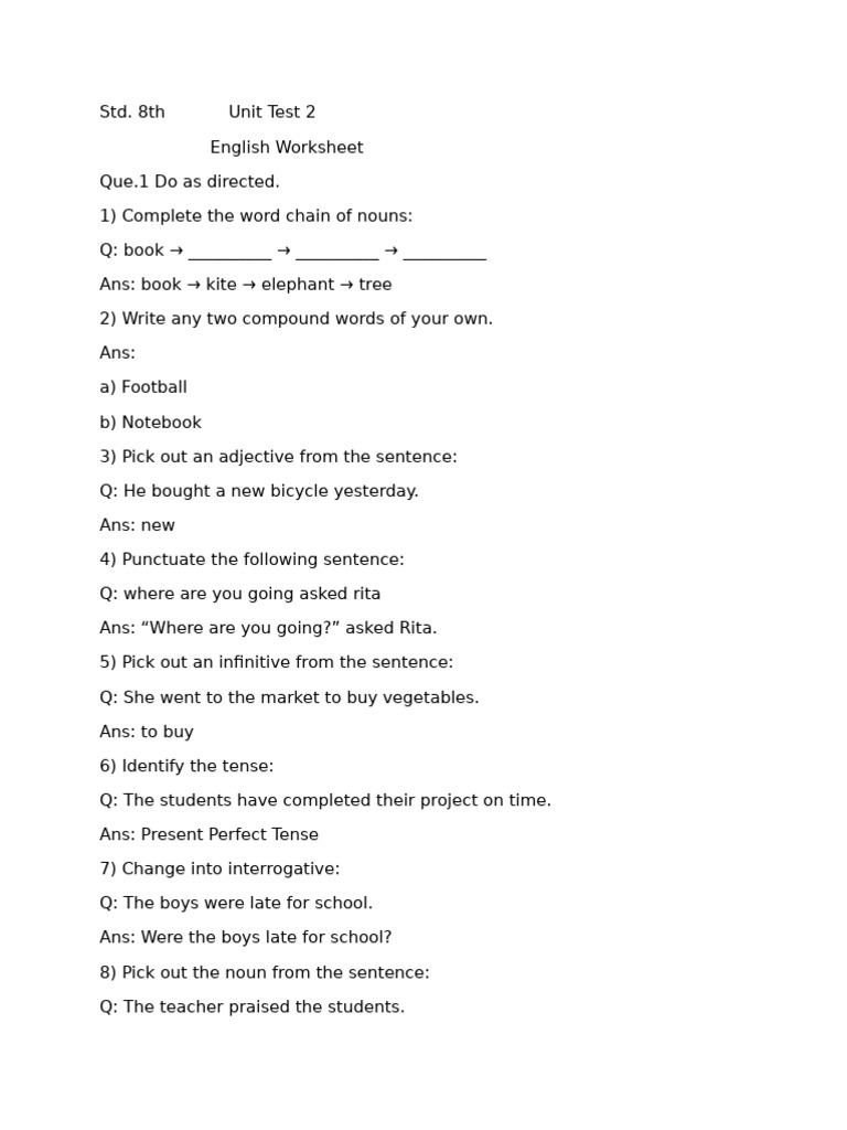 English Worksheet 8th | PDF
