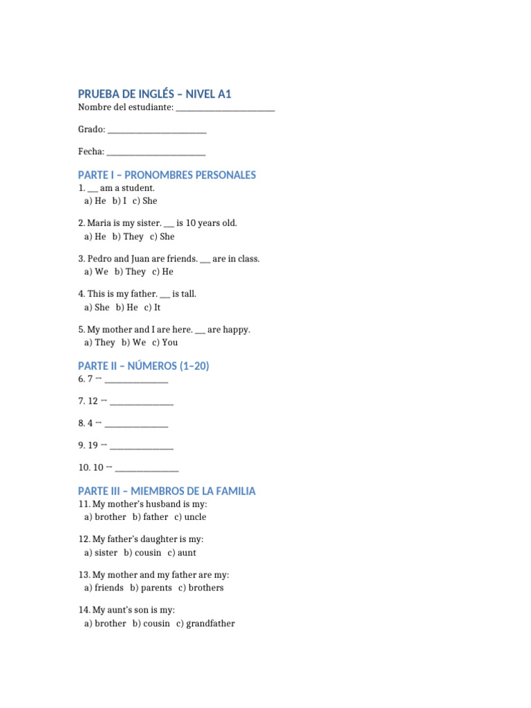 Prueba Ingles A1 | PDF