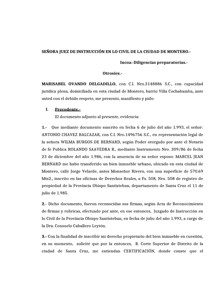 Medida Preparatoria de Reconocimiento de Firmas, Marisabel Ovando ...