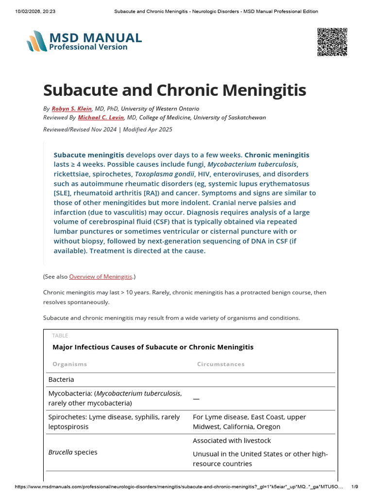 Subacute and Chronic Meningitis - Neurologic Disorders - MSD Manual ...