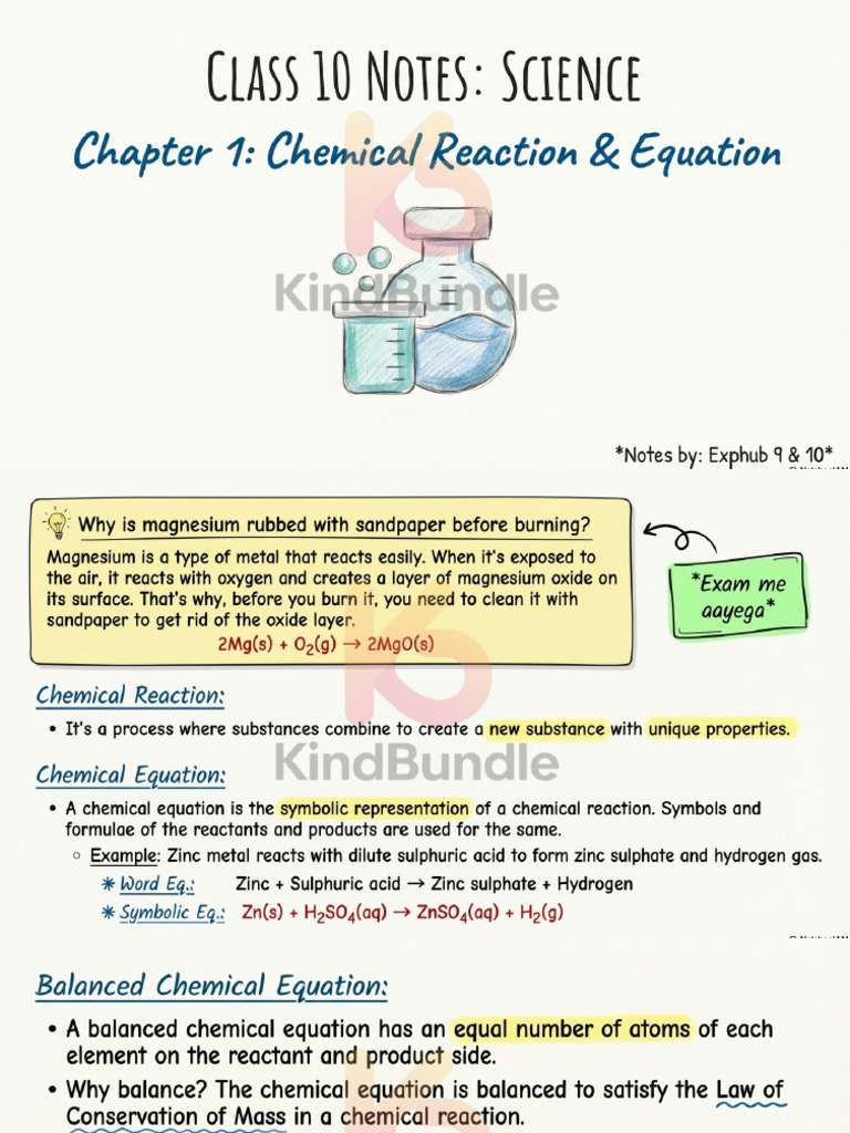 CH - 1 Chemical Reactions and Equations Notes by KindBundle™ | PDF