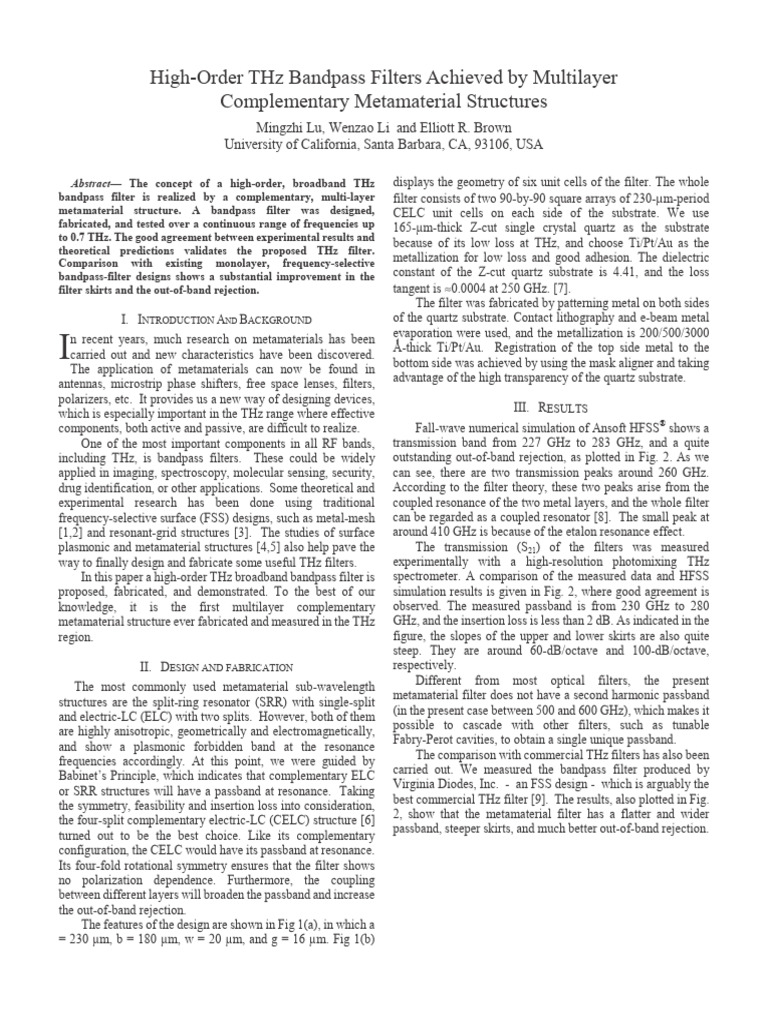 High-Order THz Bandpass Filters Achieved by Multilayer | PDF ...