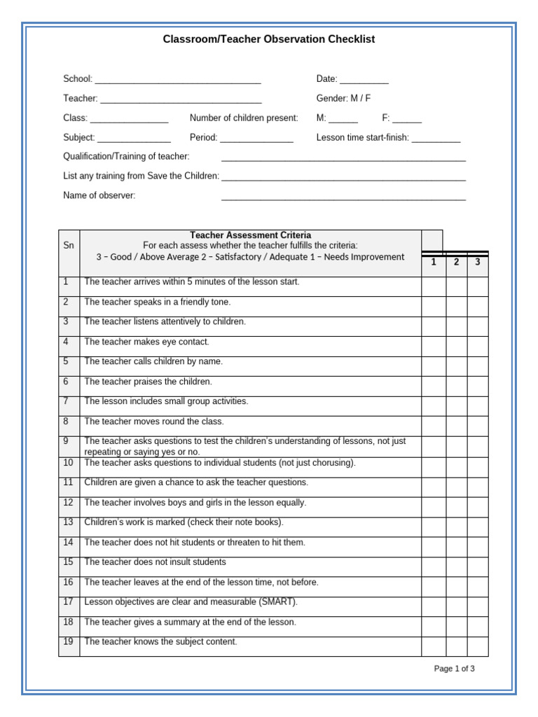 SC Eie Classroom and Teacher Observation Checklist | PDF | Teachers ...
