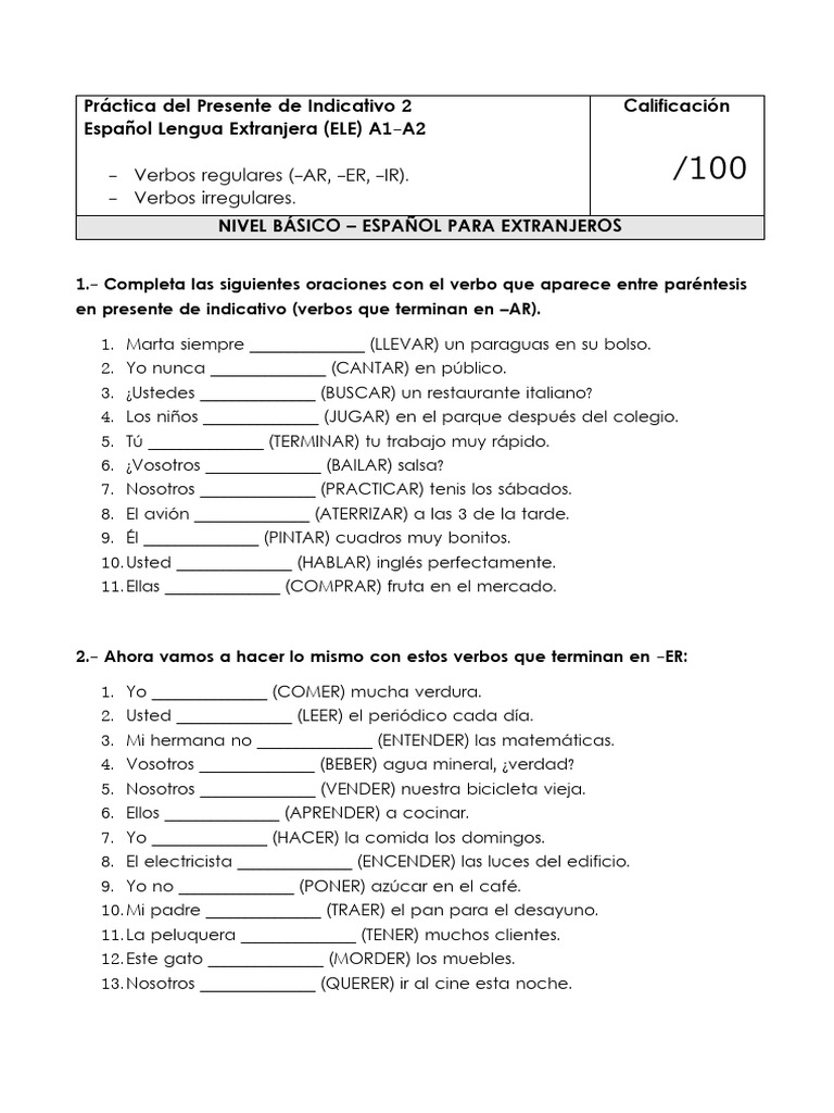 Ejercicios. Modelo 2. Presente de Indicativo | PDF | Verbo