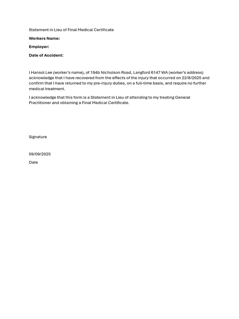 Statement in Lieu of Final Medical Certificate 1 | PDF