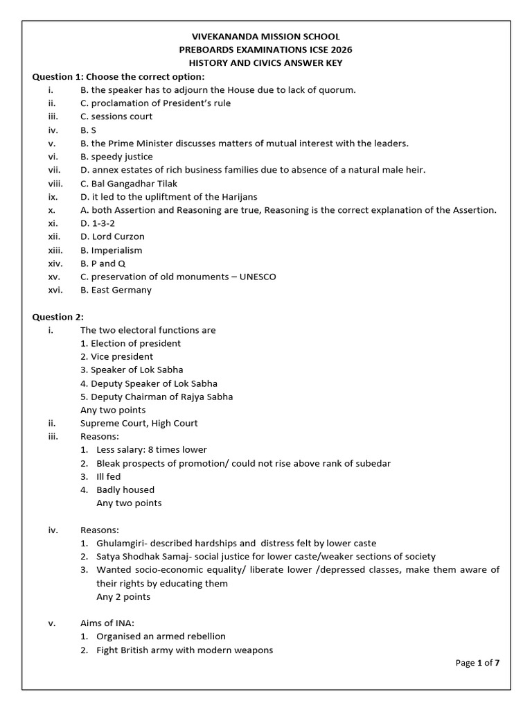 Class X Preboard Icse 2026 History and Civics Answer Key | PDF | Indian ...