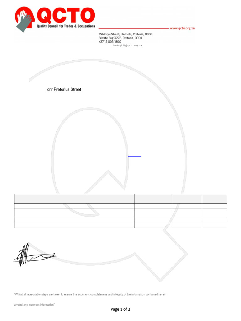 Raidhi School Pretoria Qcto Accreditation Letter | PDF