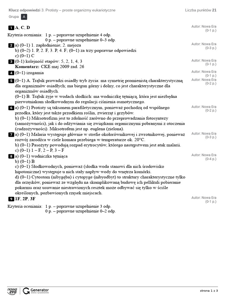 Protisty - Proste Organizmy Eukariotyczne Klucz Odpowiedzi | PDF