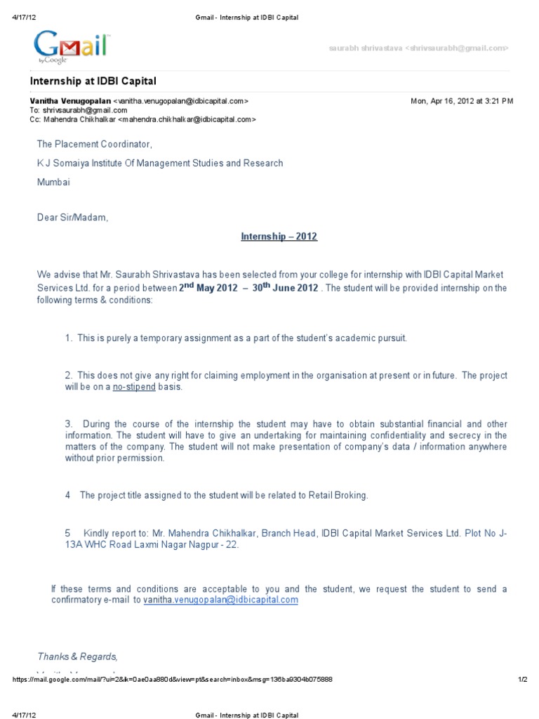 Gmail - Internship at IDBI Capital | PDF | Internship | Job Hunting