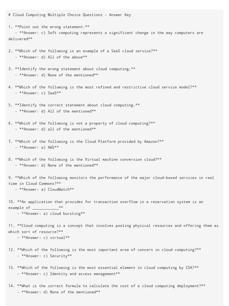 Cloud Computing Quiz Answer Key | PDF | Cloud Computing | Computing