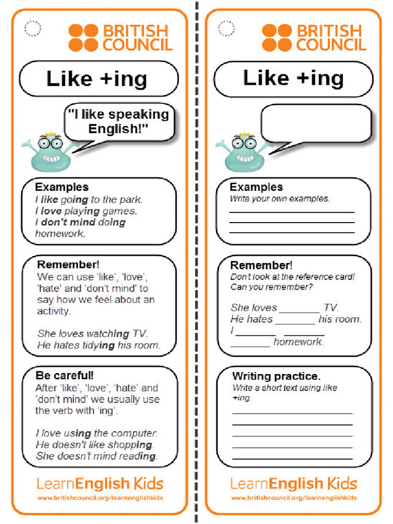 Grammar Practice Reference Card Like Ing | PDF