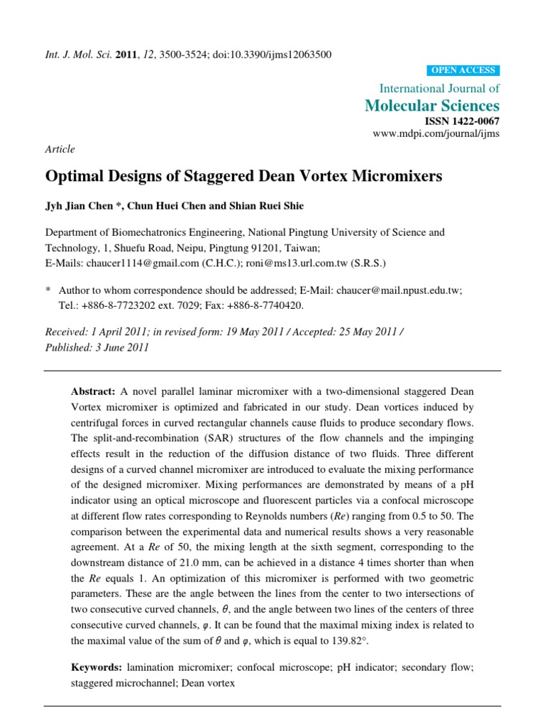 Optimal Designs of Staggered Dean Vortex Micromixers: Molecular ...