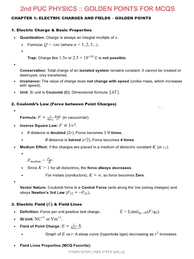 2nd Puc Physics Mcqs Golden Points | PDF