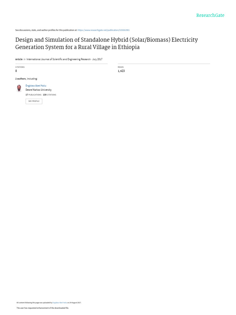 Design and Simulation of Standalone Hybrid Solar Biomass Electricity ...