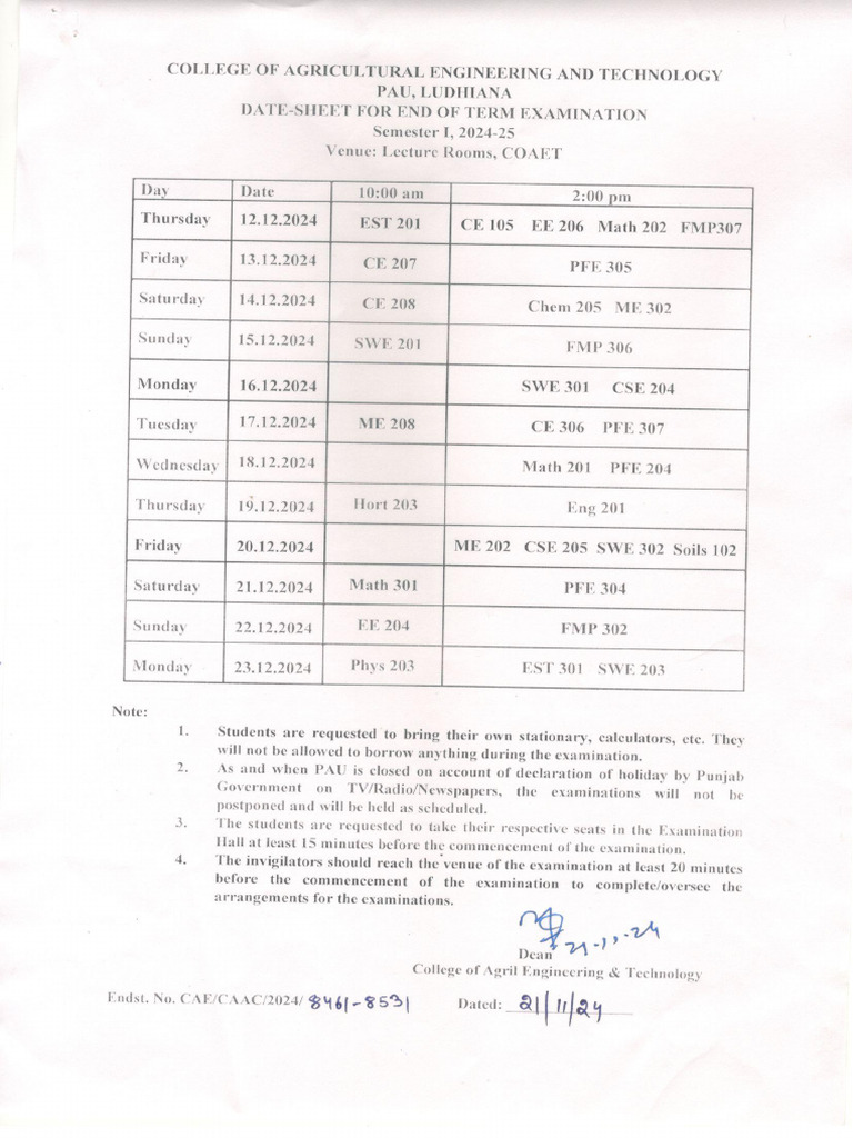 Date Sheet (End Term) | PDF