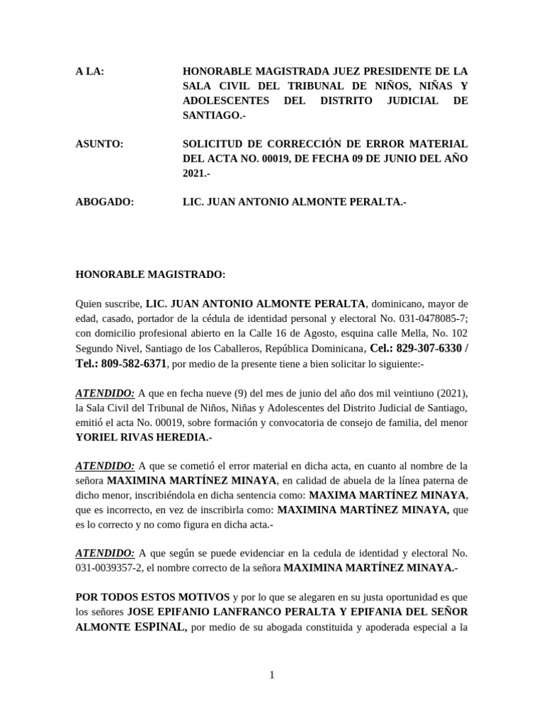 Solicitud de Corrección de Error Material Acta Consejo de Familia ...