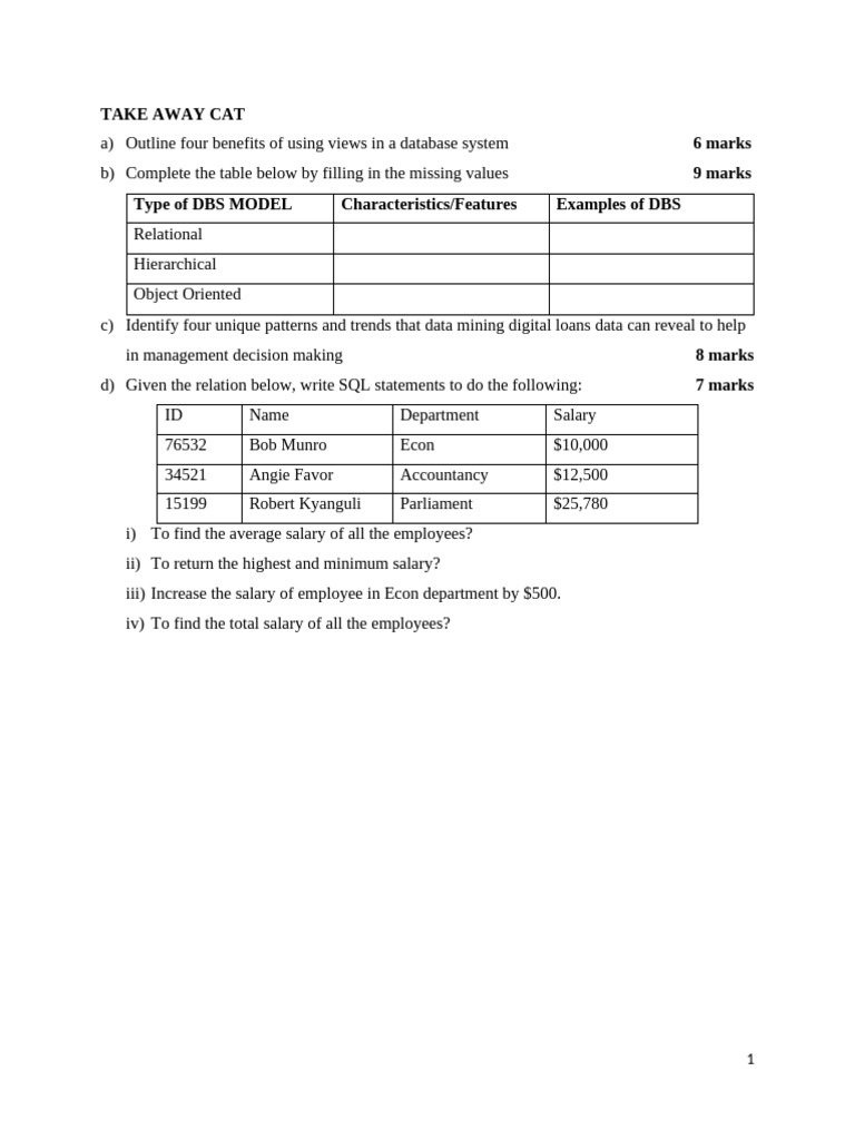 Database Systems Cat 1 Combined 2026 | PDF