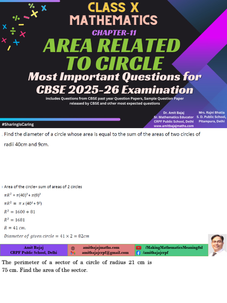 11a. Class X AREA RELATED To CIRCLE Most Important Questions For 2025 ...