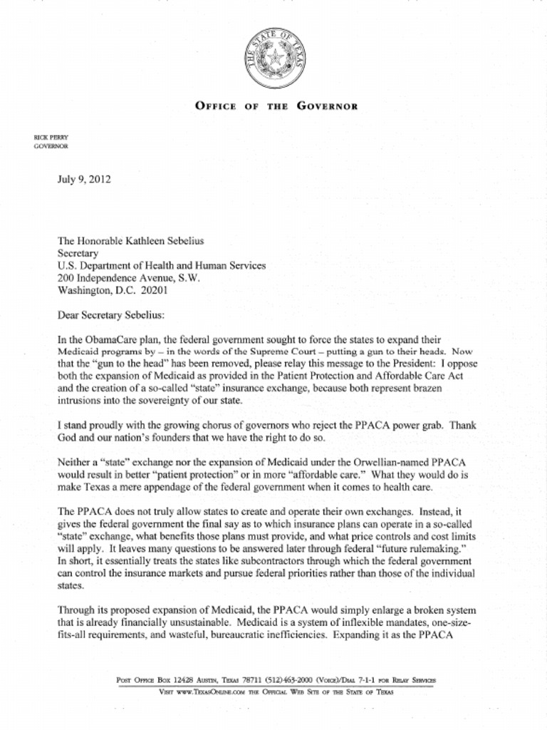 Rick Perry's Letter To HHS Secretary Kathleen Sebelius | PDF | Patient ...