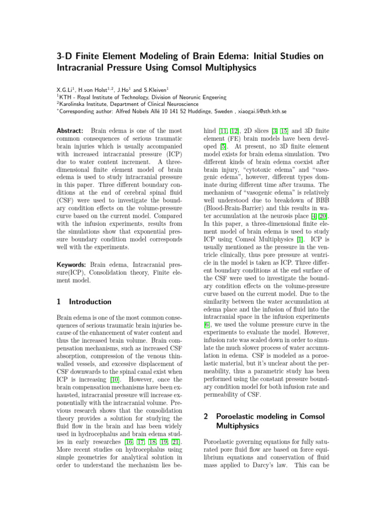3-D Finite Element Modeling of Brain Edema Initial Studies on ...