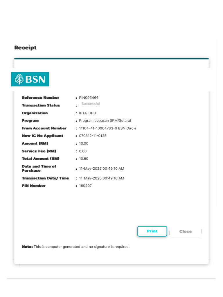 MyBSN - PIN Purchase Acknowledgement - Bank Simpanan Nasional | PDF