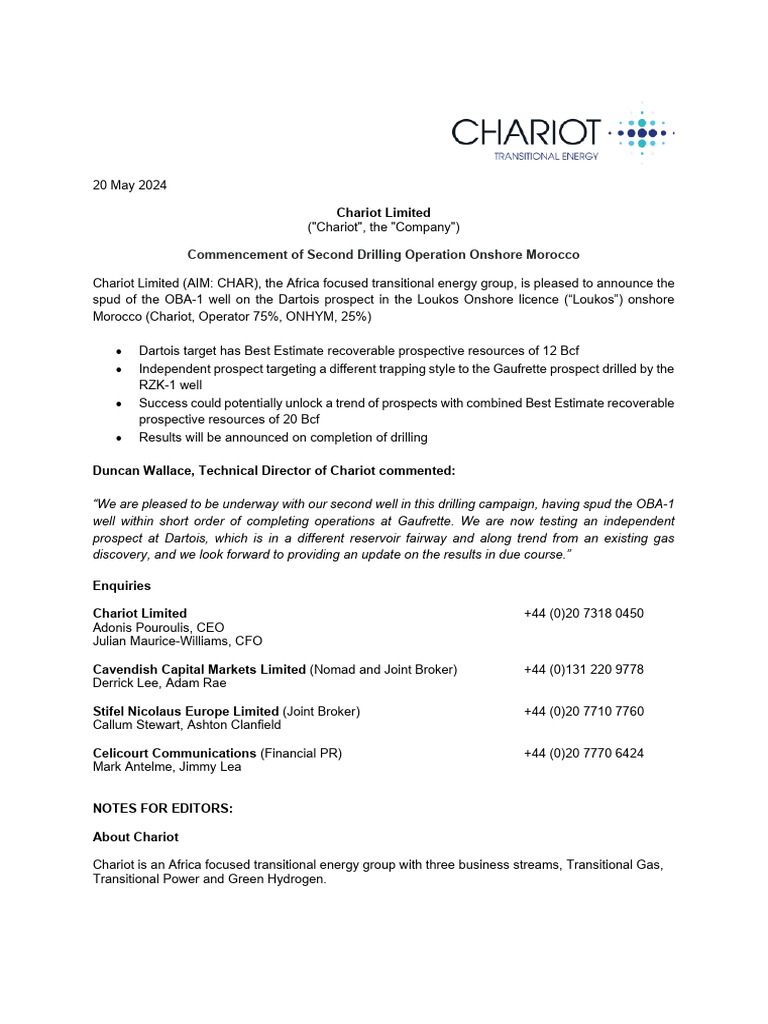 Commencement of Second Drilling Operation Chariot Limited | PDF ...