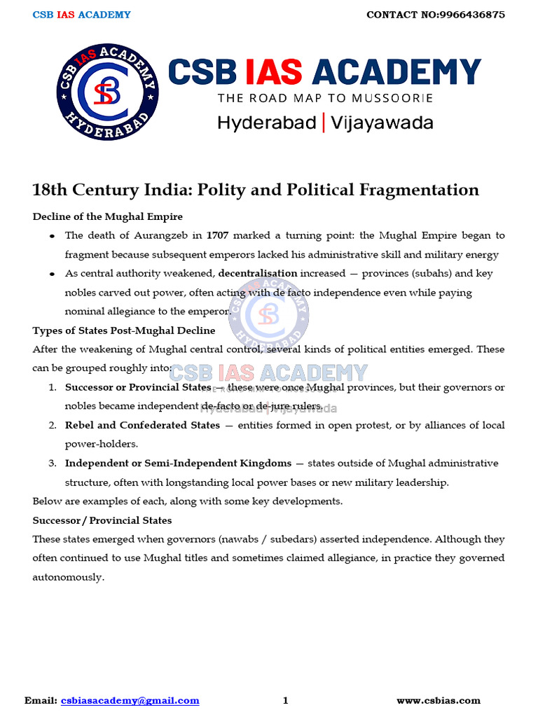 18th Century India - Polity and Political Fragmentation | PDF