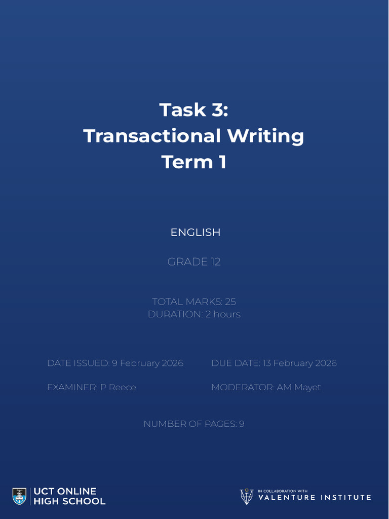 Grade 12 - English - Term 1 - Task 3 - Transactional Writing - Question ...