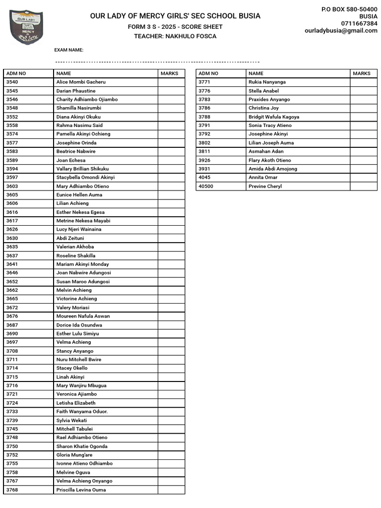Form 3 S - 2025 - Score Sheet | PDF