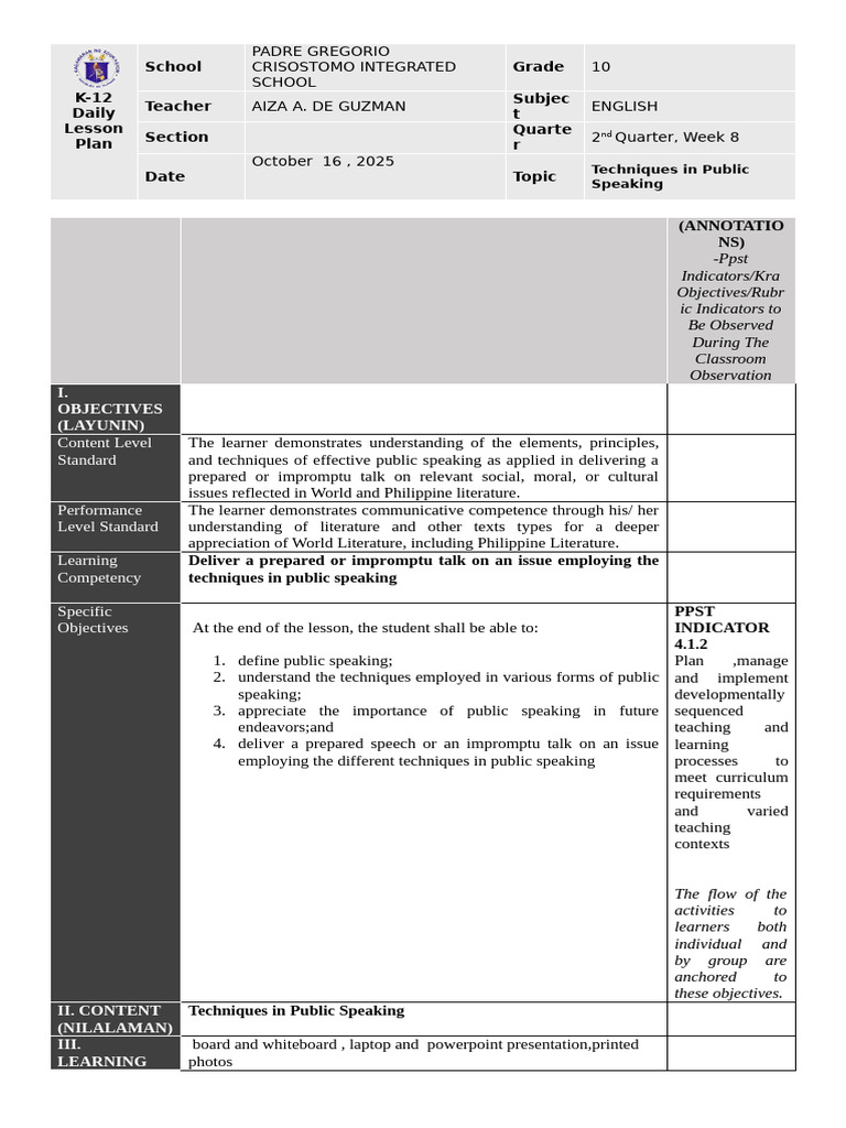 Lesson Plan-Techniques-Public Speaking-For Observers Only | PDF ...