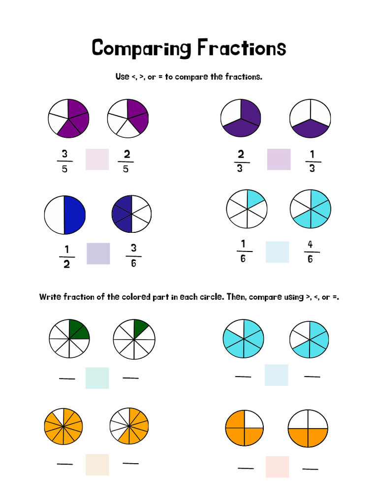 Colourful Shapes Comparing Fractions Math Worksheet | PDF