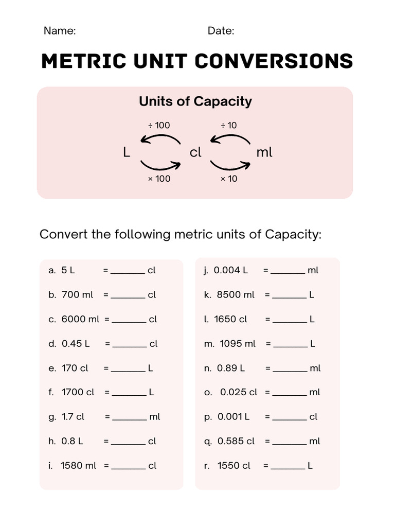 Metric Unit Conversions Units of Capacity Worksheet With Answers | PDF