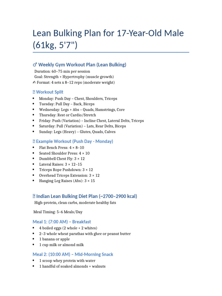 Lean Bulking Plan 61kg Male | PDF | Muscle Hypertrophy | Meal