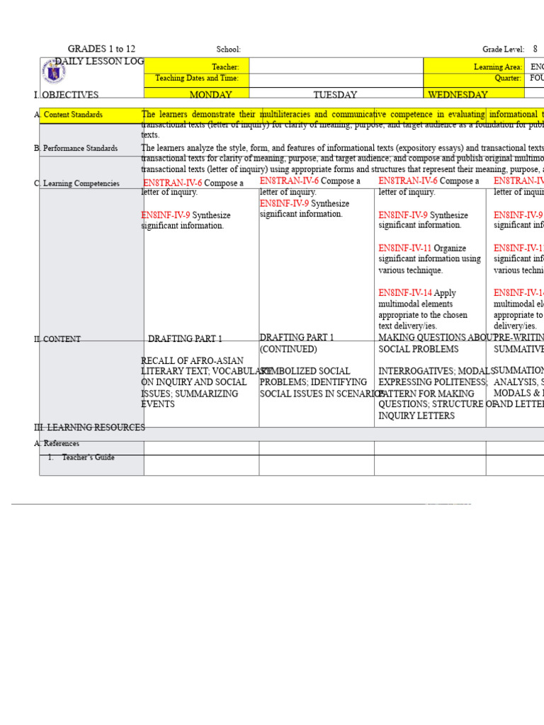 Week 3 Lesson Log English 8 Inquiry Letters Social Issues | PDF ...