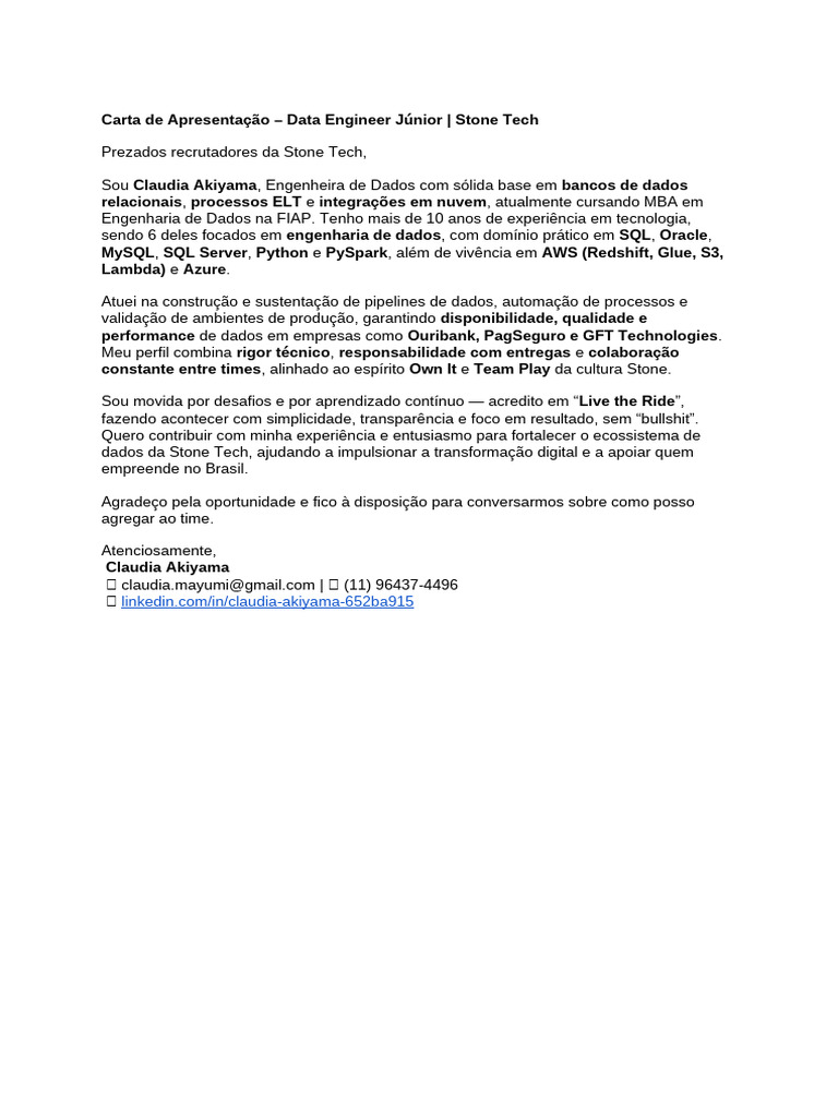 Carta Apresenteção Stone | PDF