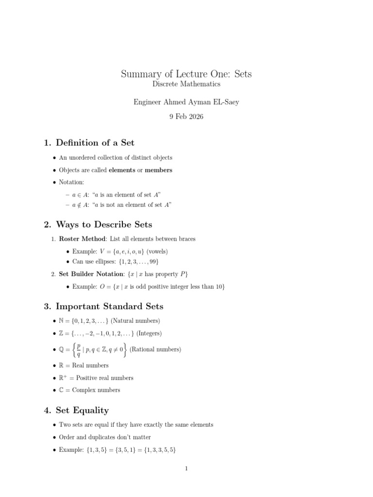 Discrete Mathematics Summary of Lecture One | PDF | Set (Mathematics ...