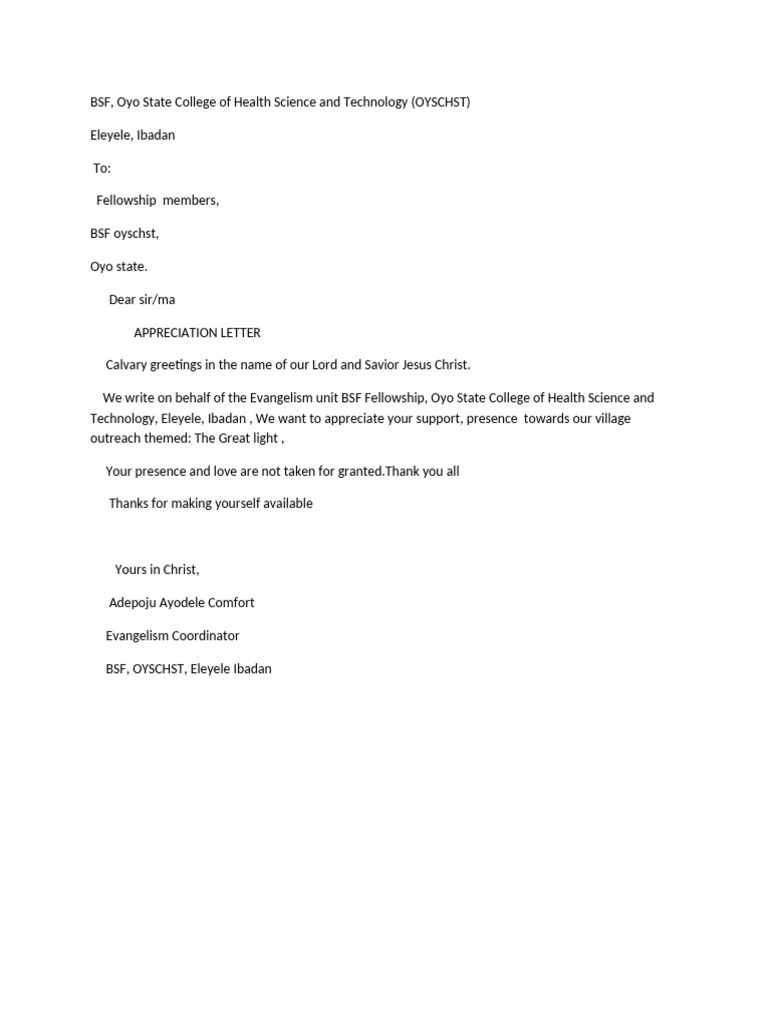 BSF, Oyo State-Appreciation Letter | PDF