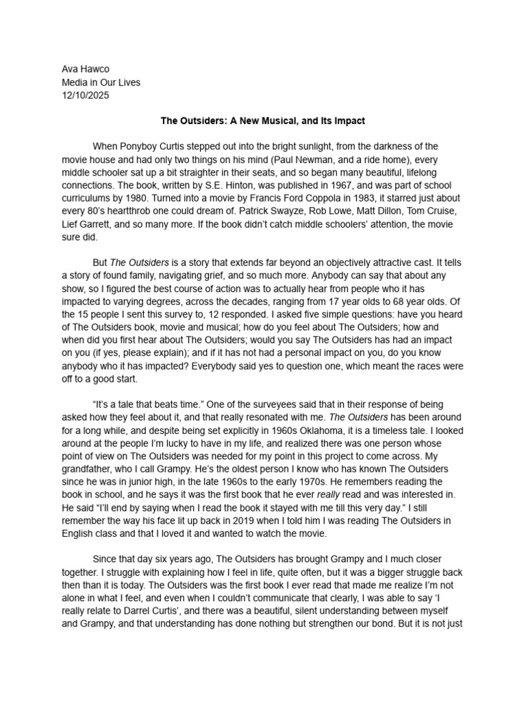 The Outsiders and Its Impact - Media in Our Lives Final Project | PDF