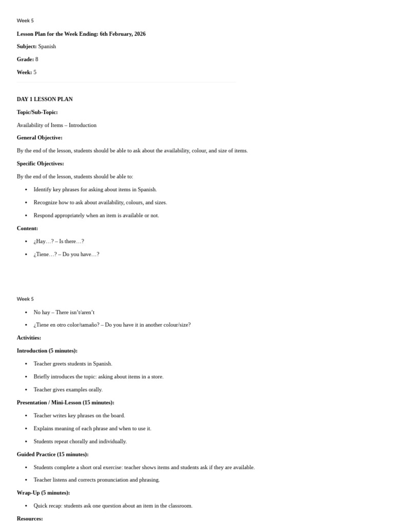 Week 5 Spanish - Grade 8 E2 | PDF | Lesson Plan | Education Theory