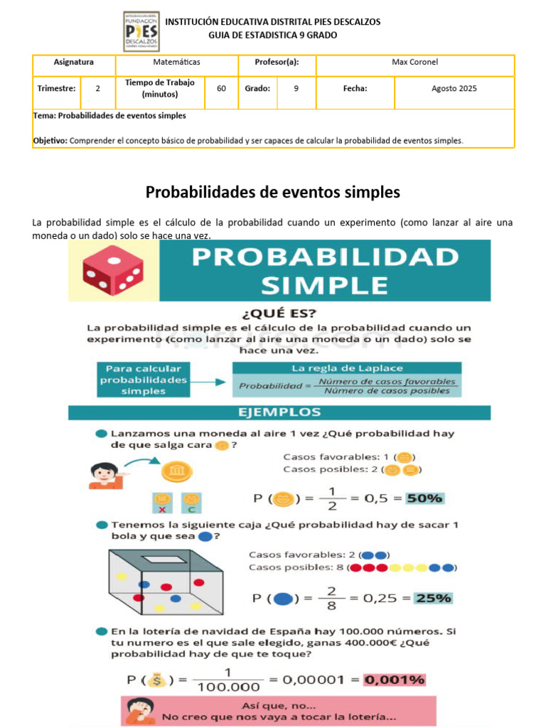 3. Guia Estadistica tema Probabilidades de eventos simples grado 9 ...