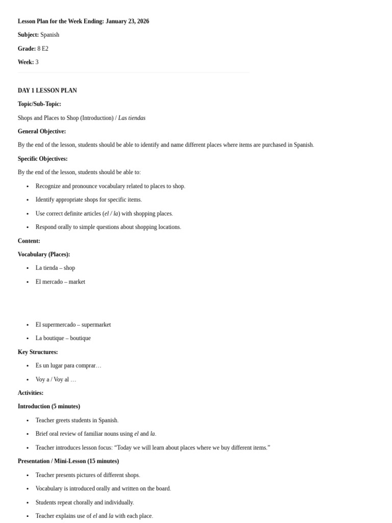 Week 3 Spanish - Grade 8 E 2 | PDF | Lesson Plan | Cognition