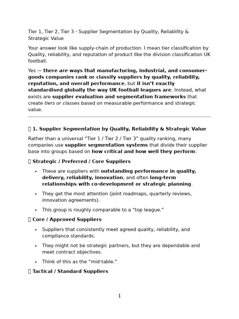 Tier 1, Tier 2, Tier 3 - Supplier Segmentation by Quality, Reliability ...