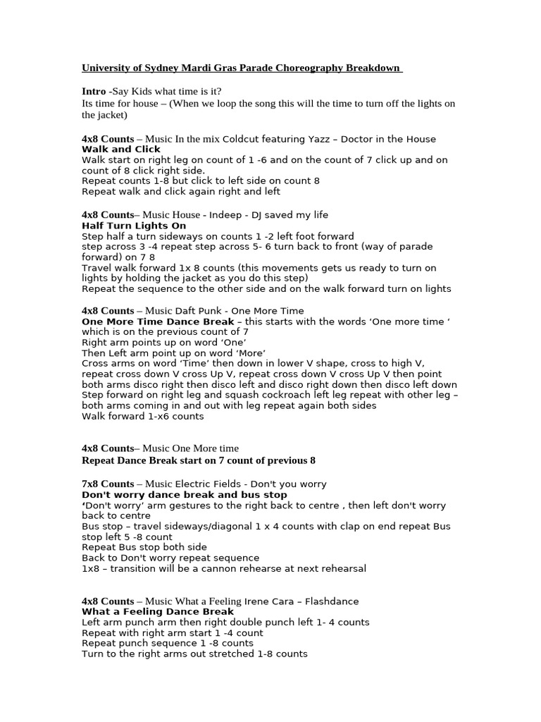 Syd Uni Choreography Breakdown | PDF