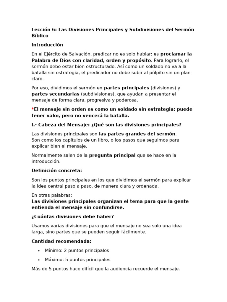 Lección 6 Las Divisiones Principales y Subdivisiones Del Sermón Bíblico ...